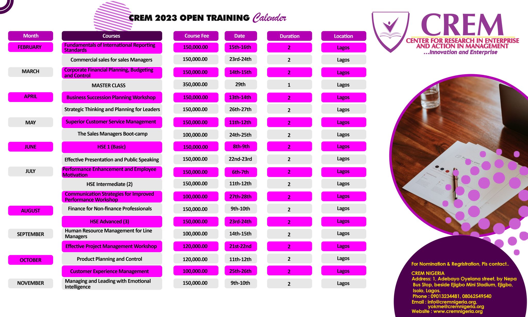 CREM's 2023 LEARNING & DEVELOPMENT CALENDAR. - CREM Nigeria